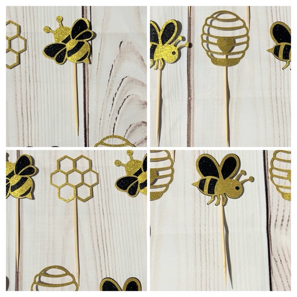 Party Supplies | 12pc Bumble Bee Cupcake Toppers Glitter Bee Honeycomb ...
